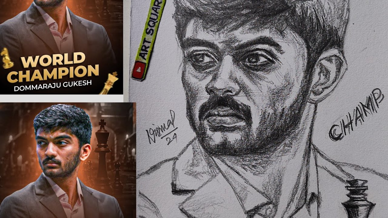World chess champion Gukesh dommaraju portrait drawing with Andrew ...