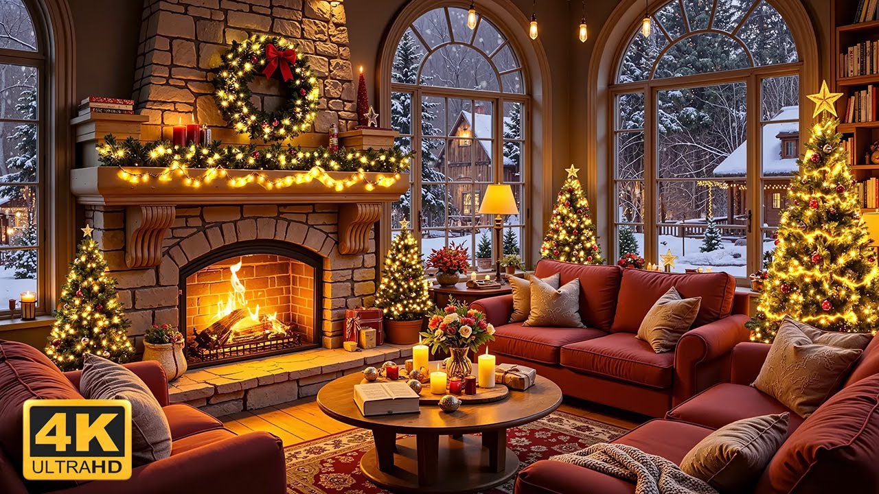 Beautiful Snowy Christmas Ambience 🎄 🔥 Classic Christmas Carols & Snow ...