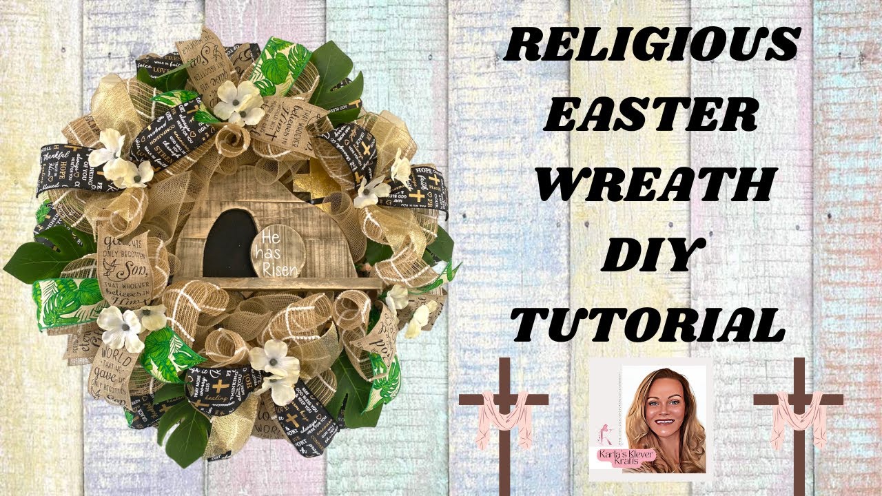 How to Make a Religious Wood Tomb Easter Mesh and Ribbon Wreath, He is ...
