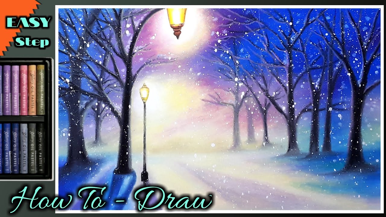 How To Draw, Snowy Winter Landscape Drawing | Easy Winter Snowfall ...