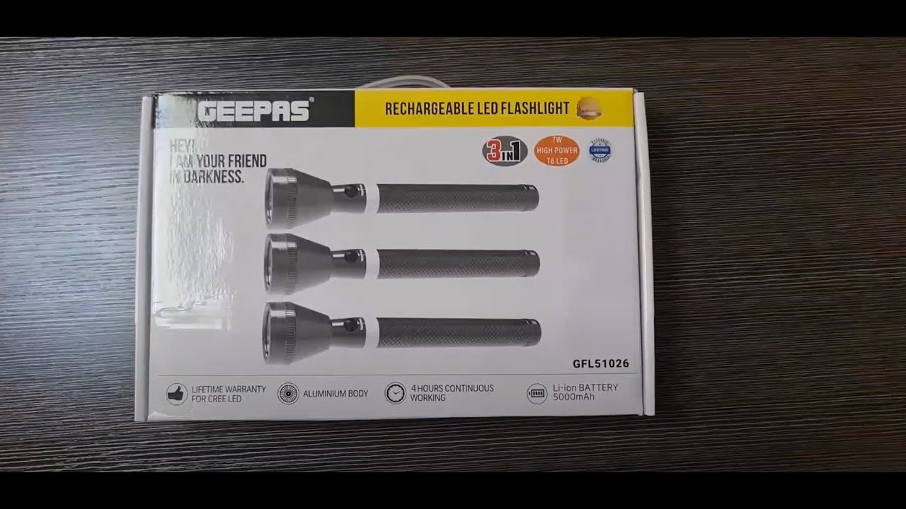 Geepas 3 In 1 Gfl51026 Family Pack Rechargeable Led Flashlight Unboxing ...