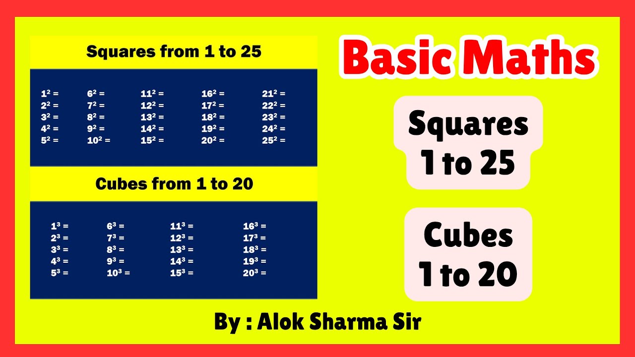 Squares from 1 to 25 || Cubes from 1 to 20 #squares #cubes #basicmaths #mathematics - YouTube