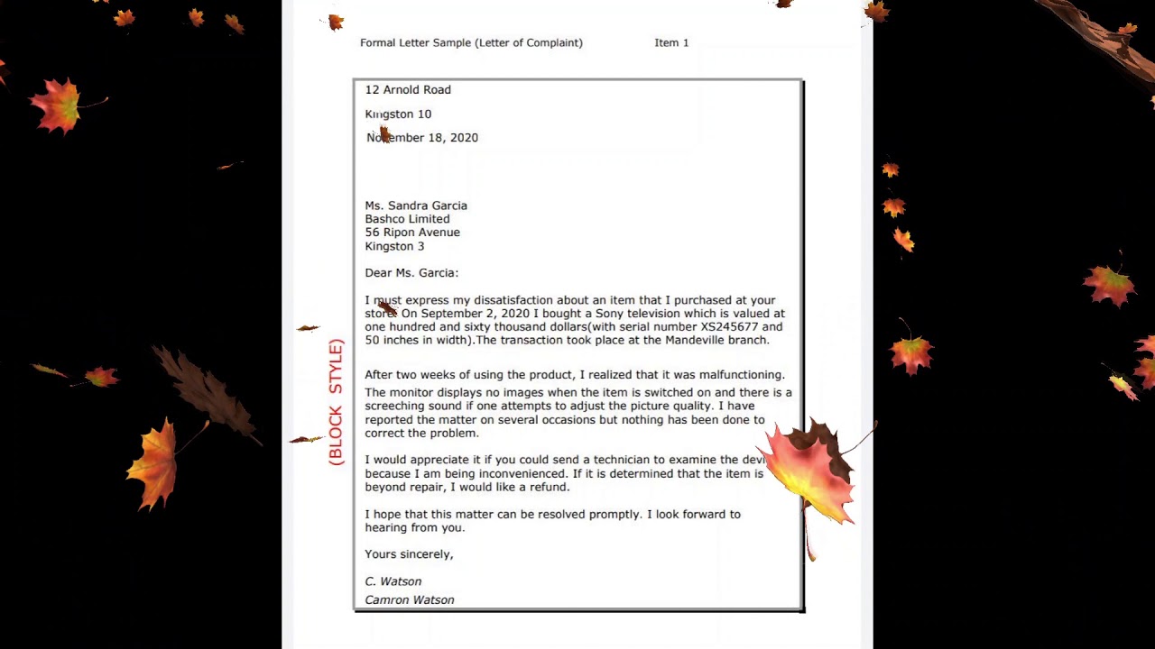 Sample Letter of Complaint(Block Style) - YouTube