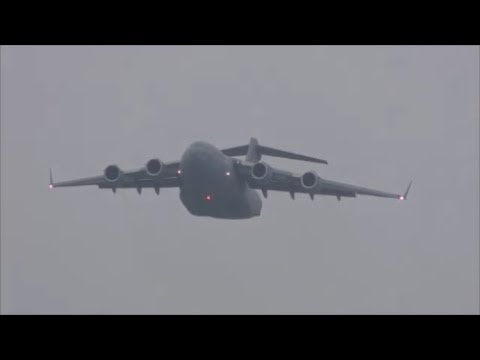 (WEF 2018) US Air Force Boeing C-17 push back, start up, taxiing and ...