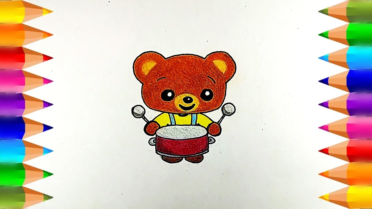 Cómo dibujar y colorear al oso Bam tocando el tambor | Dibujos para ...