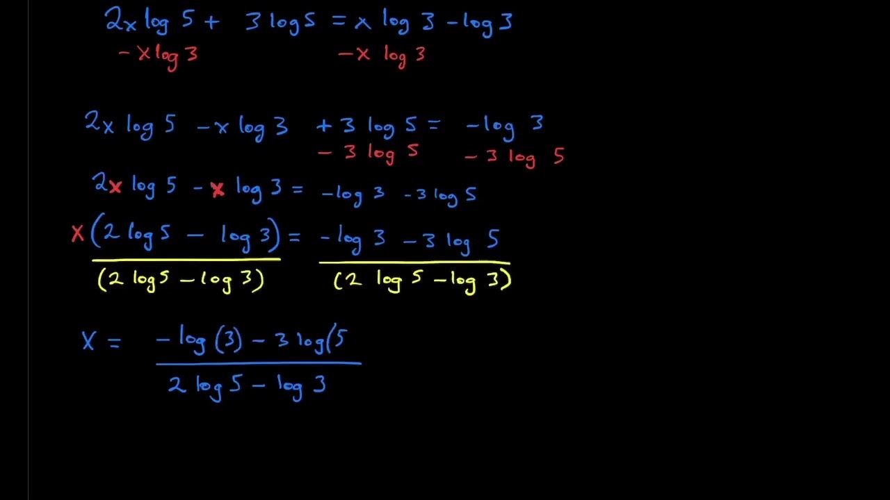 Solving logarithmic equations: 2x log (5) + 3 log (5) = x log (3) - log (3) - YouTube