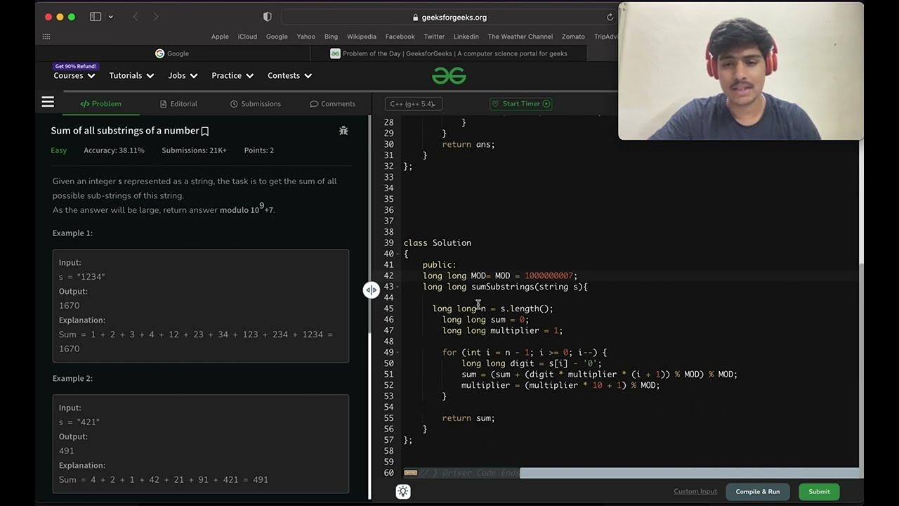 Sum of all substrings of a number|GFG POD|Brute To Optimal |Asked By Flipkart🔥 - YouTube
