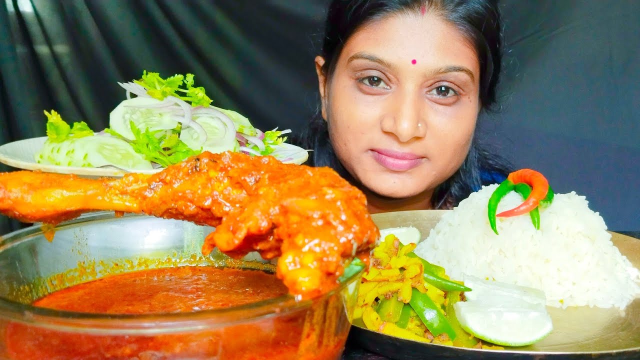 Chicken Lal Jhol With Rice, Green Salad, Alu+Capcicum Fry, ASMR, Indian ...
