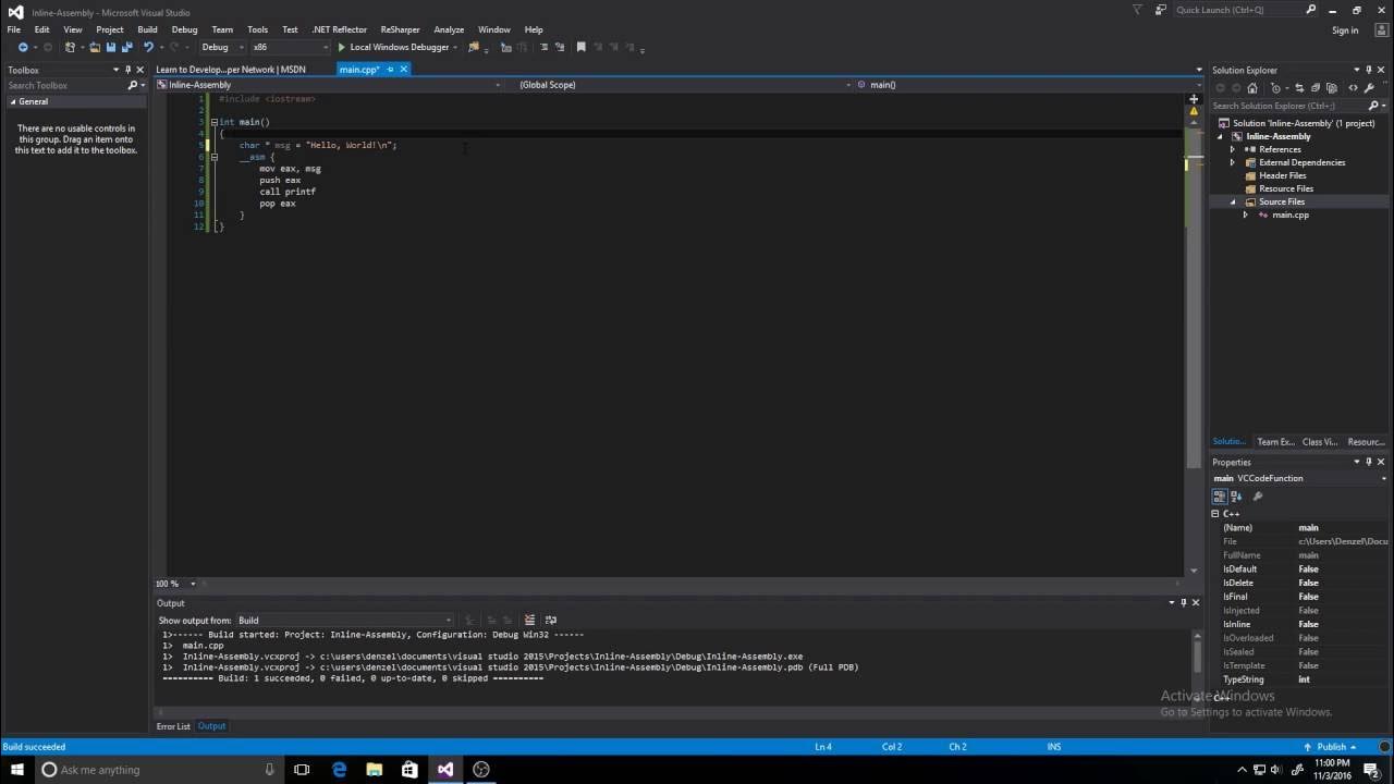Demo Cc Inline Assembly Printf And Messageboxa Youtube