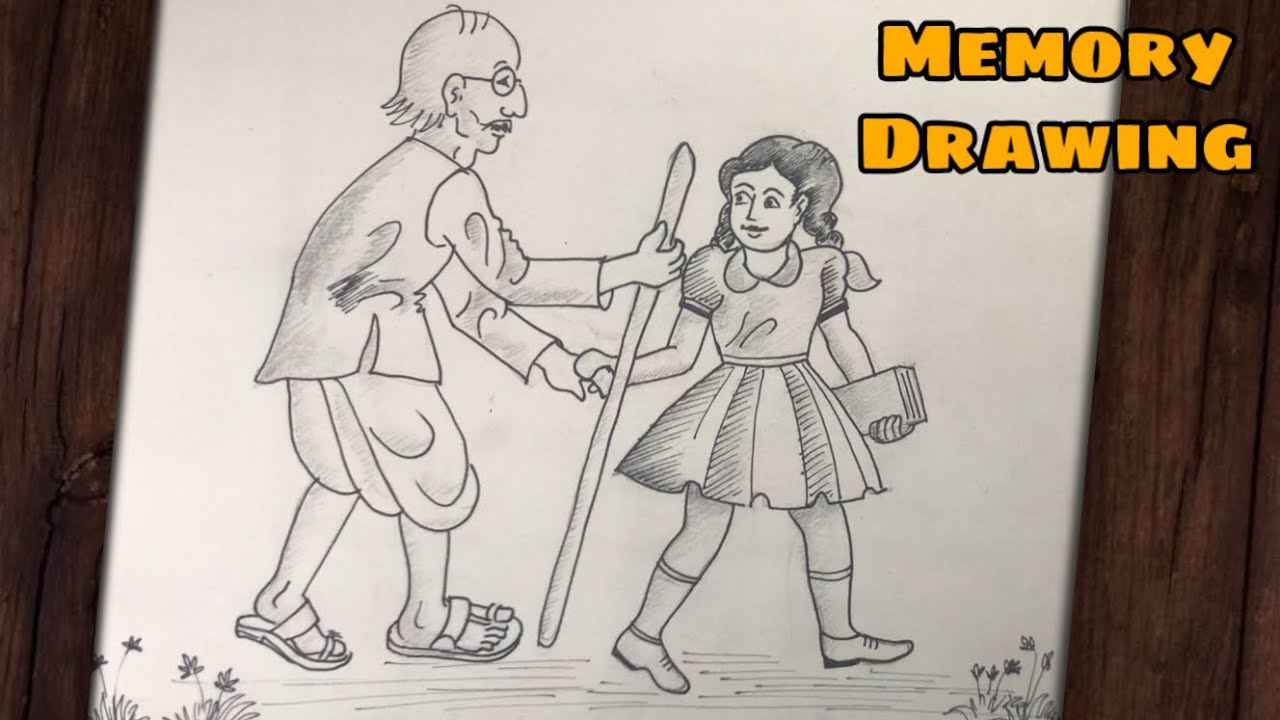 beautiful moment a girl and a old man passing road memory drawing - YouTube