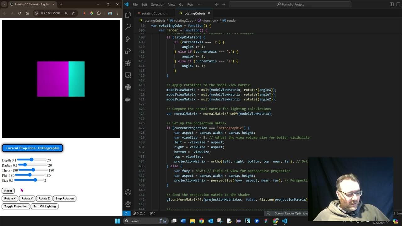 Projection Lighting and Painter's Algorithm of a 3D Rotating Cube - WebGL - YouTube