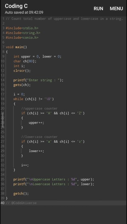 Counting uppercase and lowercase in string | Coding C #shorts - YouTube