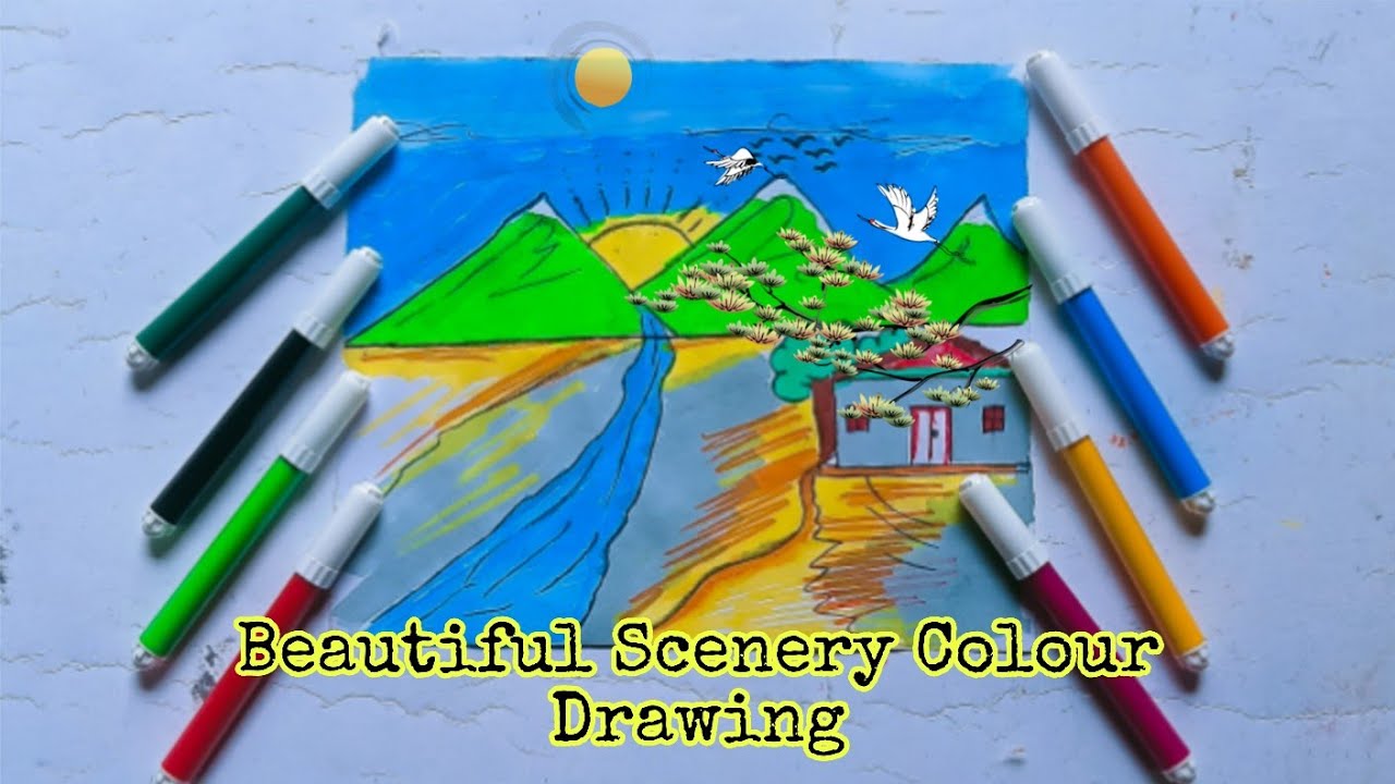 Beautiful Scenery Colour Drawing | Scenery Drawing - YouTube