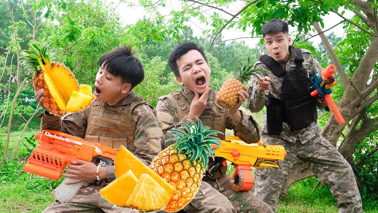Battle Nerf War: Go fishing Nerf Guns Pineapple Battle - YouTube