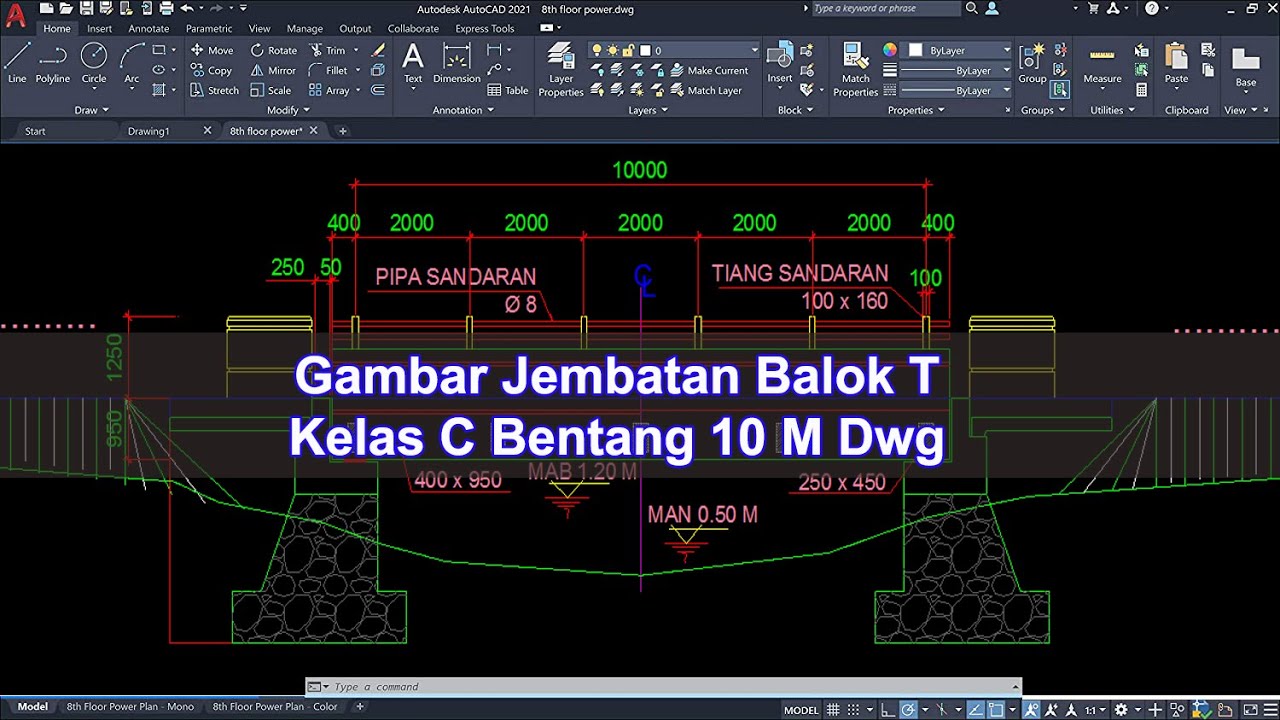 Gambar Jembatan Balok T Kelas C Bentang 10 Meter Dwg - YouTube