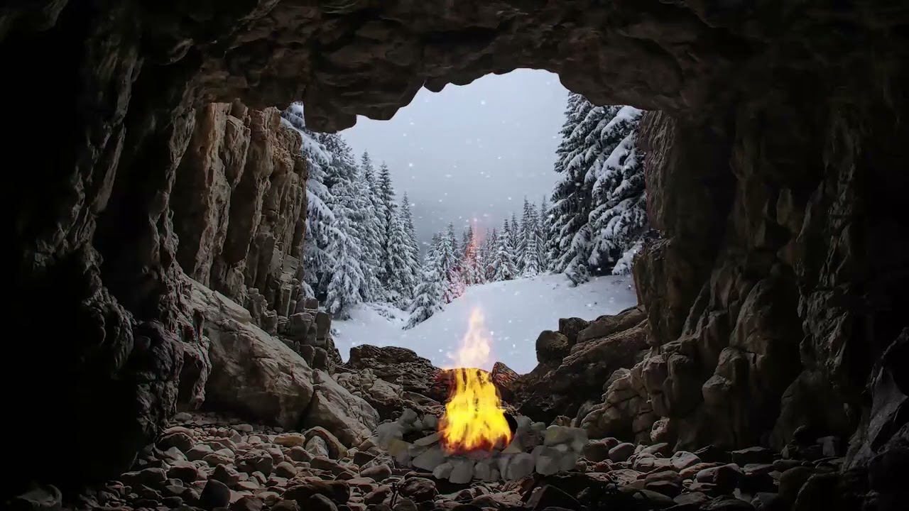 Cozy Fireplace in Cave during a Snowstorm | Ambient Sound to Sleep ...
