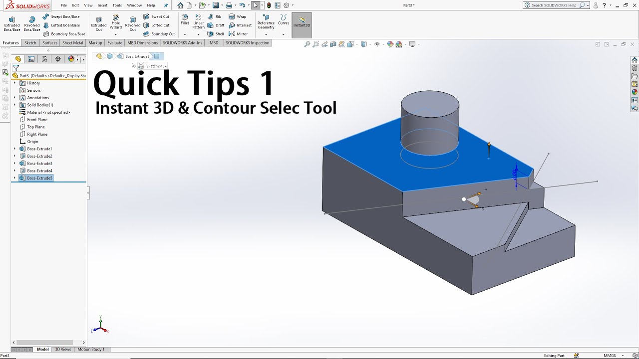 Solidworks Quick Tips 01 - Instant 3D & Contour Selec Tool - YouTube