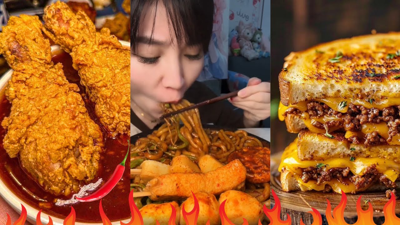 Mukbang ASMR: Crispy Fried Chicken, Creamy Cheese Balls, Super Spicy Noodles, Full Topping ...
