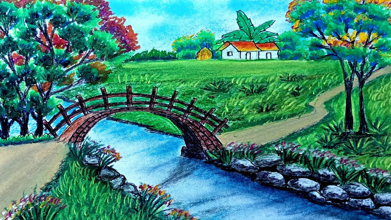 a drawing of nature beautiful scenery with lake side village || embrace ...