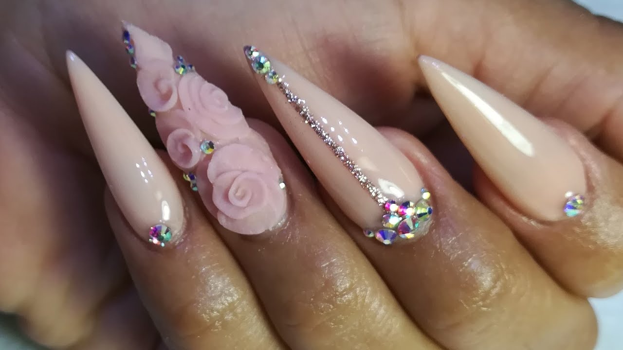 Uñas color salmón en punta stiletto + 3D y cristal 💅💅 - YouTube