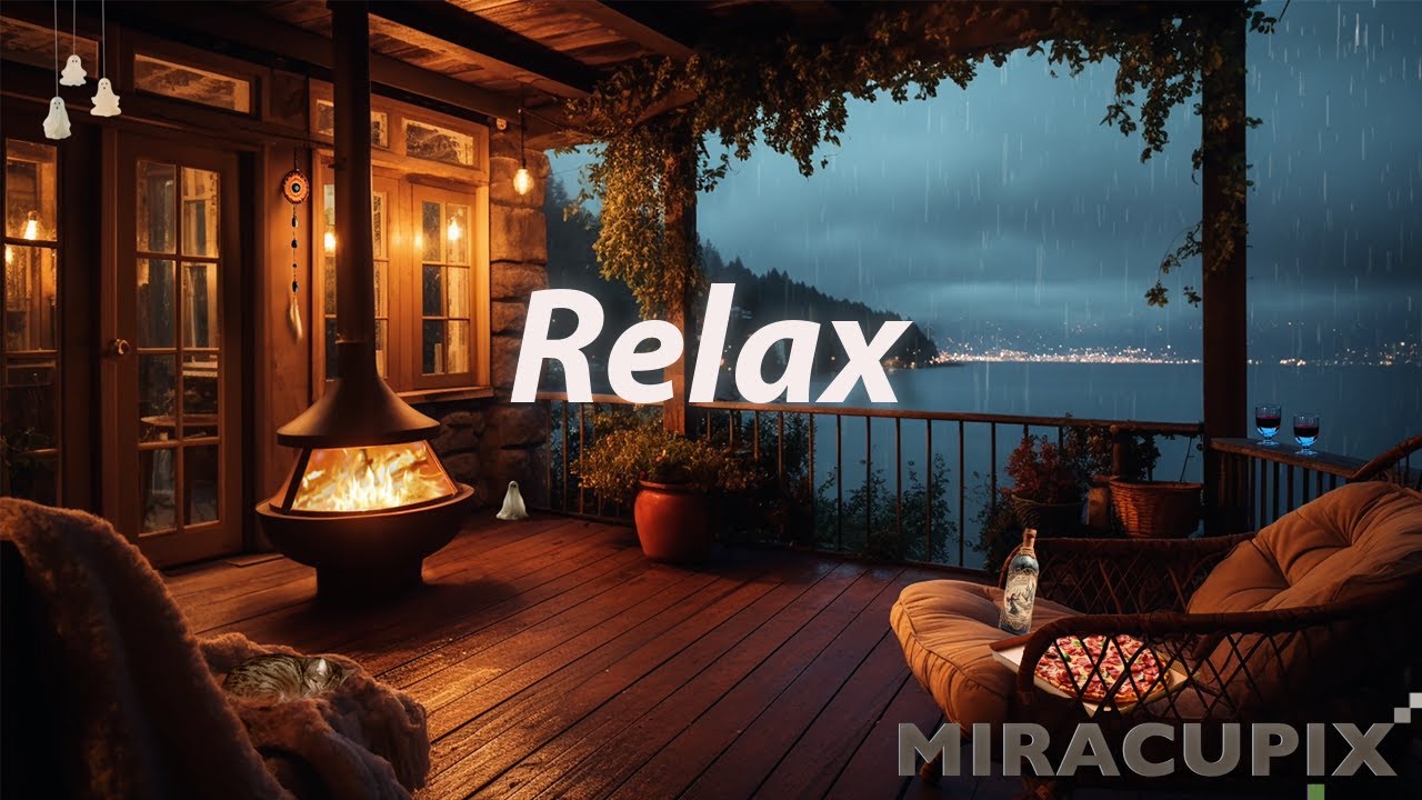 Cozy veranda with fireplace when it rains | Relaxation with rain sounds ...