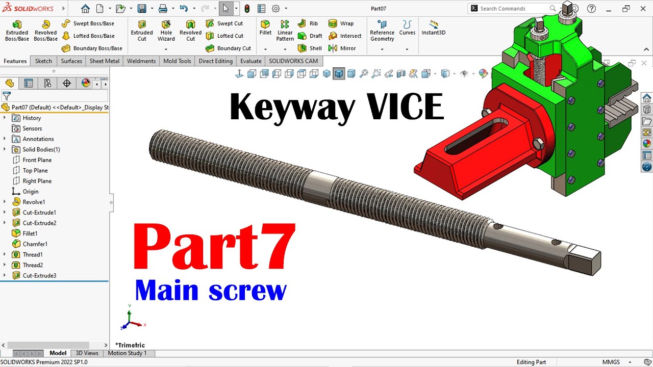 Make a Key way vice part7 in Solidworks | Main Screw - YouTube