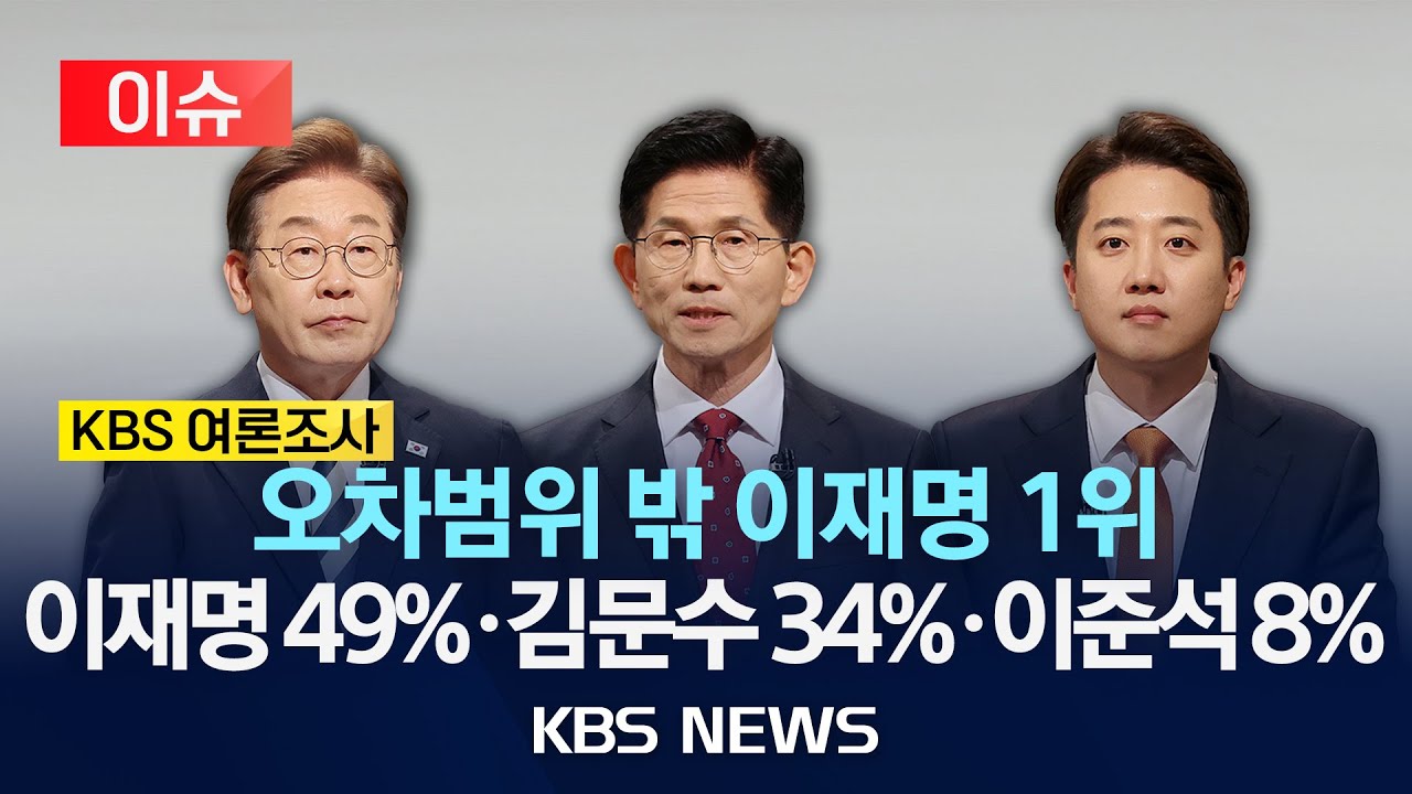 [이슈][KBS 여론조사] 이재명 49%·김문수 34%·이준석 8%/“보수 단일화 해야” 41%…단일화 가상 대결 이재명 앞서/2025년 5월 23일(금)/KBS - YouTube