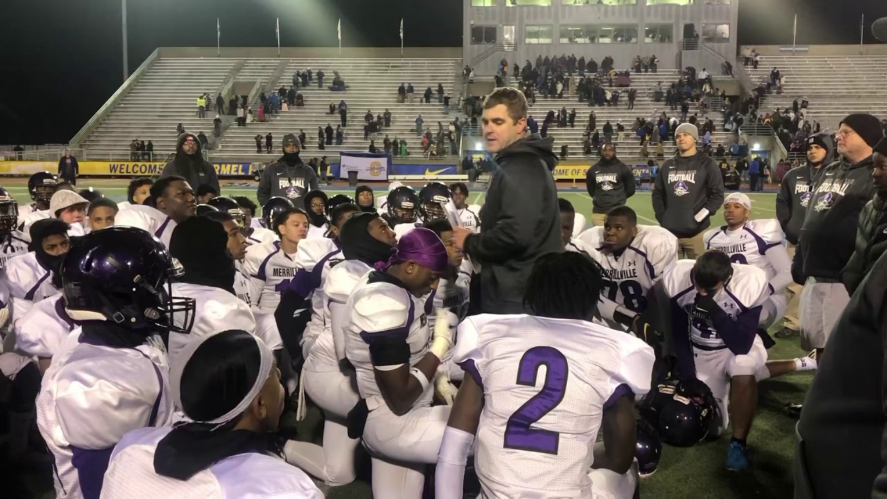 Merrillville coach Brad Seiss speaks to his players after their season ...