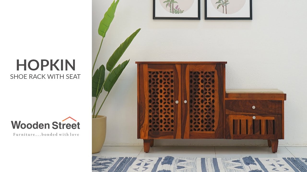 Buy Hopkin Shoe Rack with Seat and Storage Drawers (Honey Finish) at 50 ...
