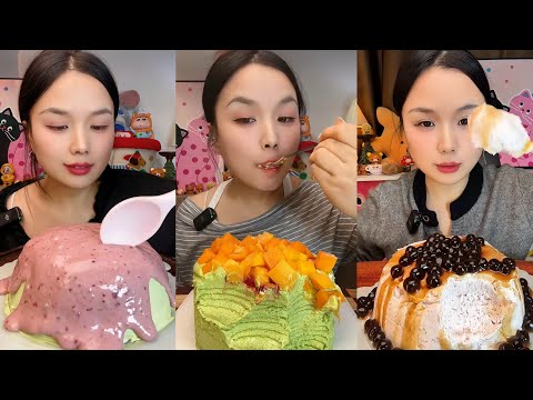 asmr mukbang - taro mousse cake, mango matcha cake, chocolate cream cake eating sound