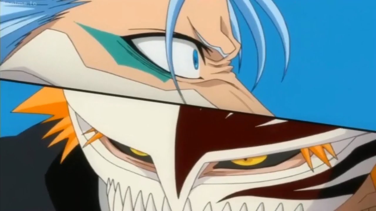 一護は中空のマスクを着用し、卍解を起動してグリムジョーの腕を斬る, Ichigo activates Bankai to slash ...