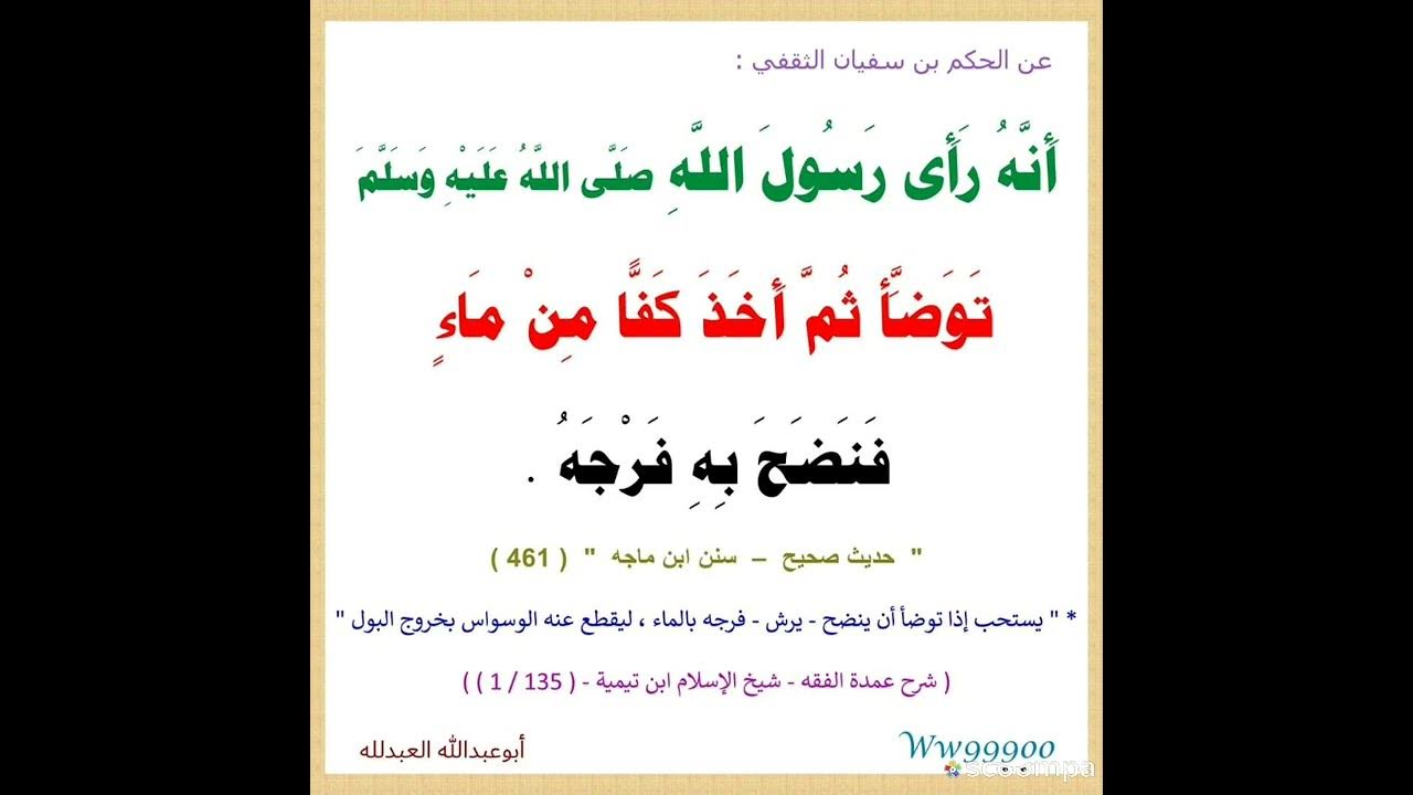 عن الحكم بن سفيان الثقفي أنه رأى رسول الله صلى الله عليه وسلم توضأ ثم أخذ كفا من ماء فنضح به