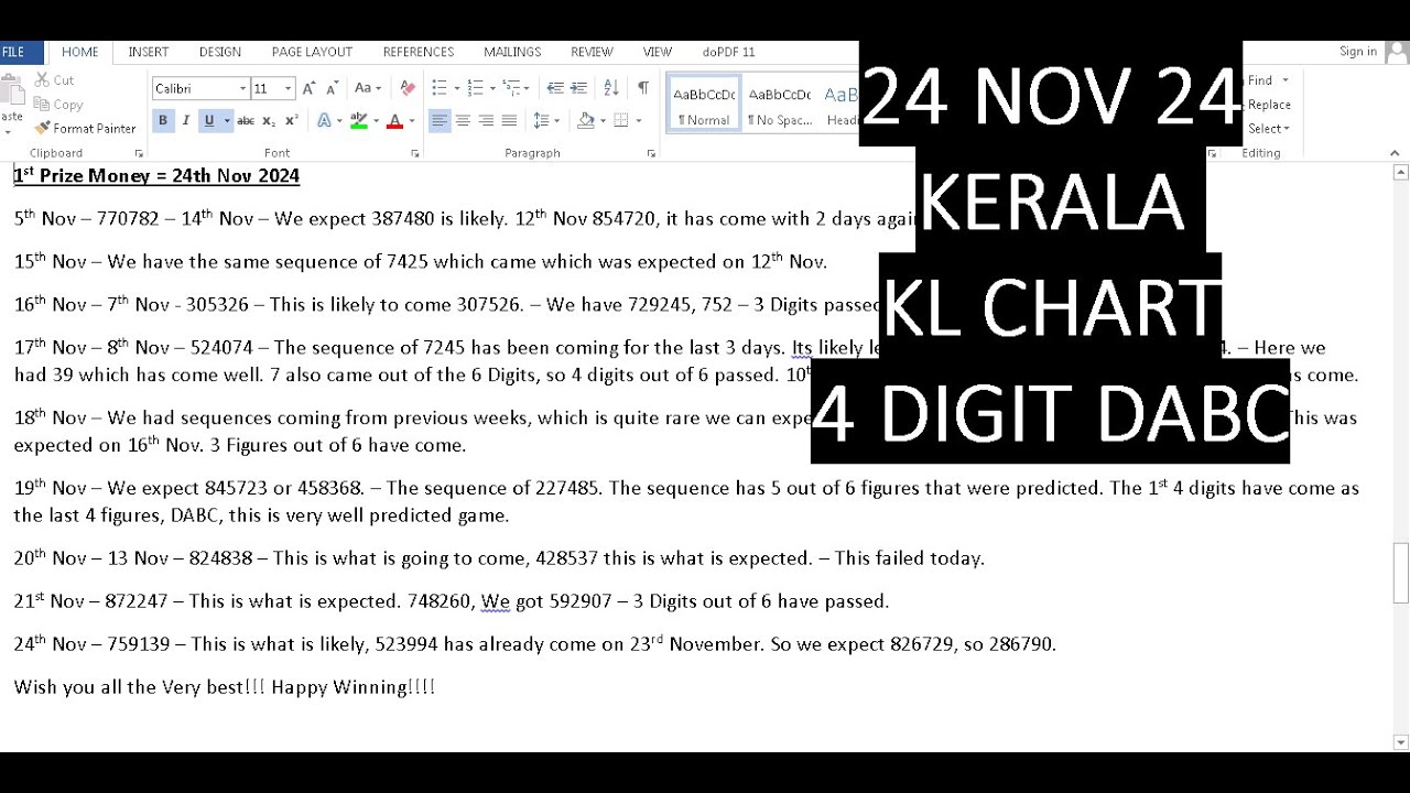 Kerala Lottery Guessing and Chart - 24 Nov 2024 - YouTube