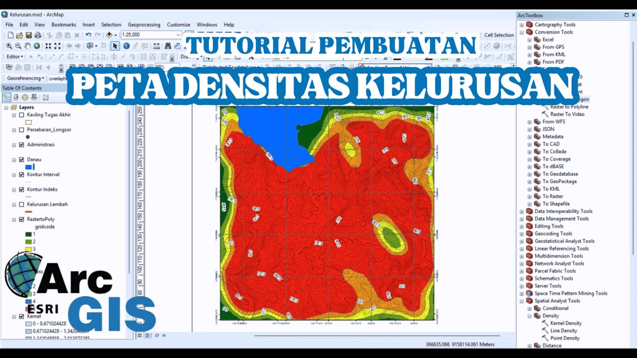 Tutorial ArcGIS: Peta Densitas Kelurusan | Lineament Density Map ...