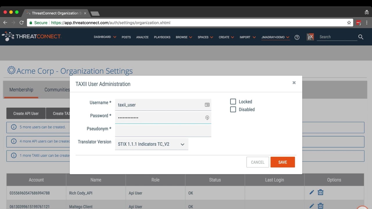 Setting up the ThreatConnect TAXII Server User - YouTube