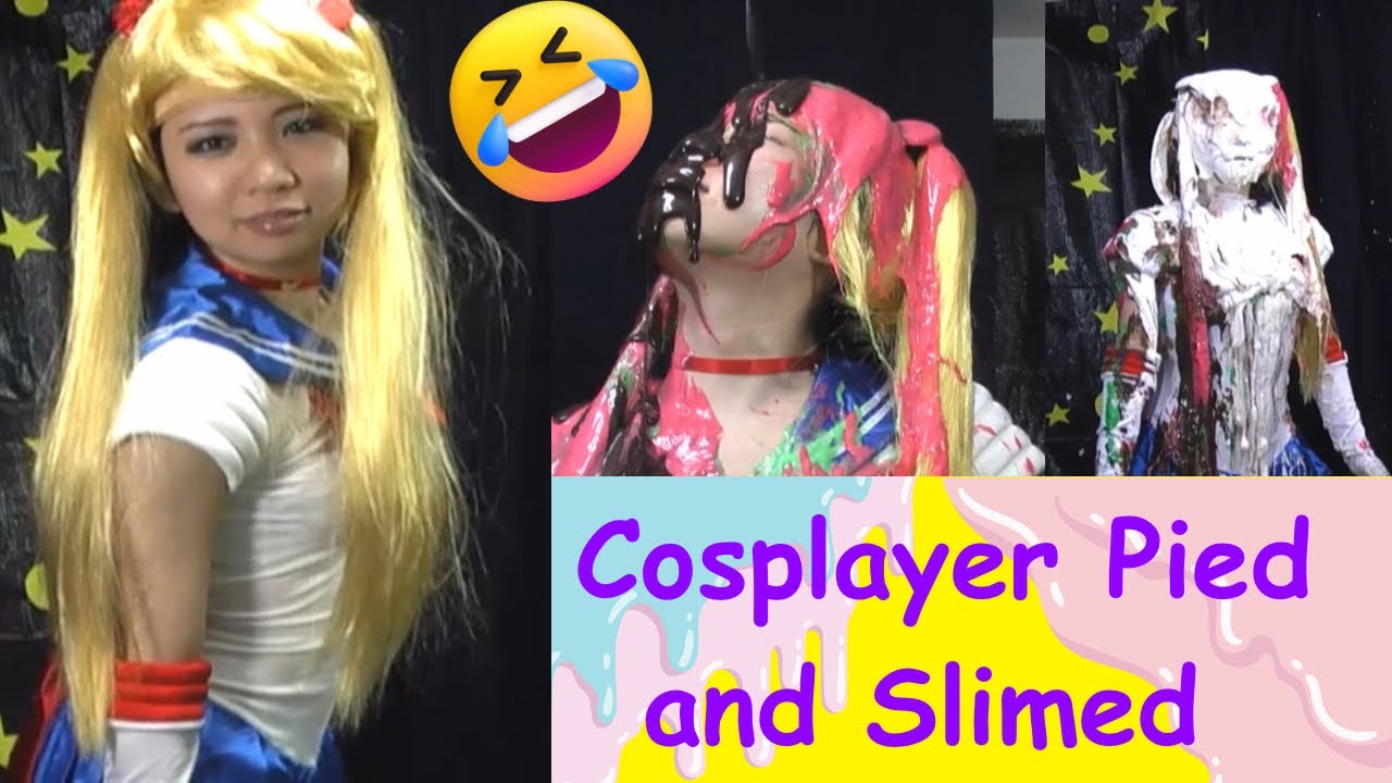 Funny Cosplayer slimed and pied messy girl - YouTube