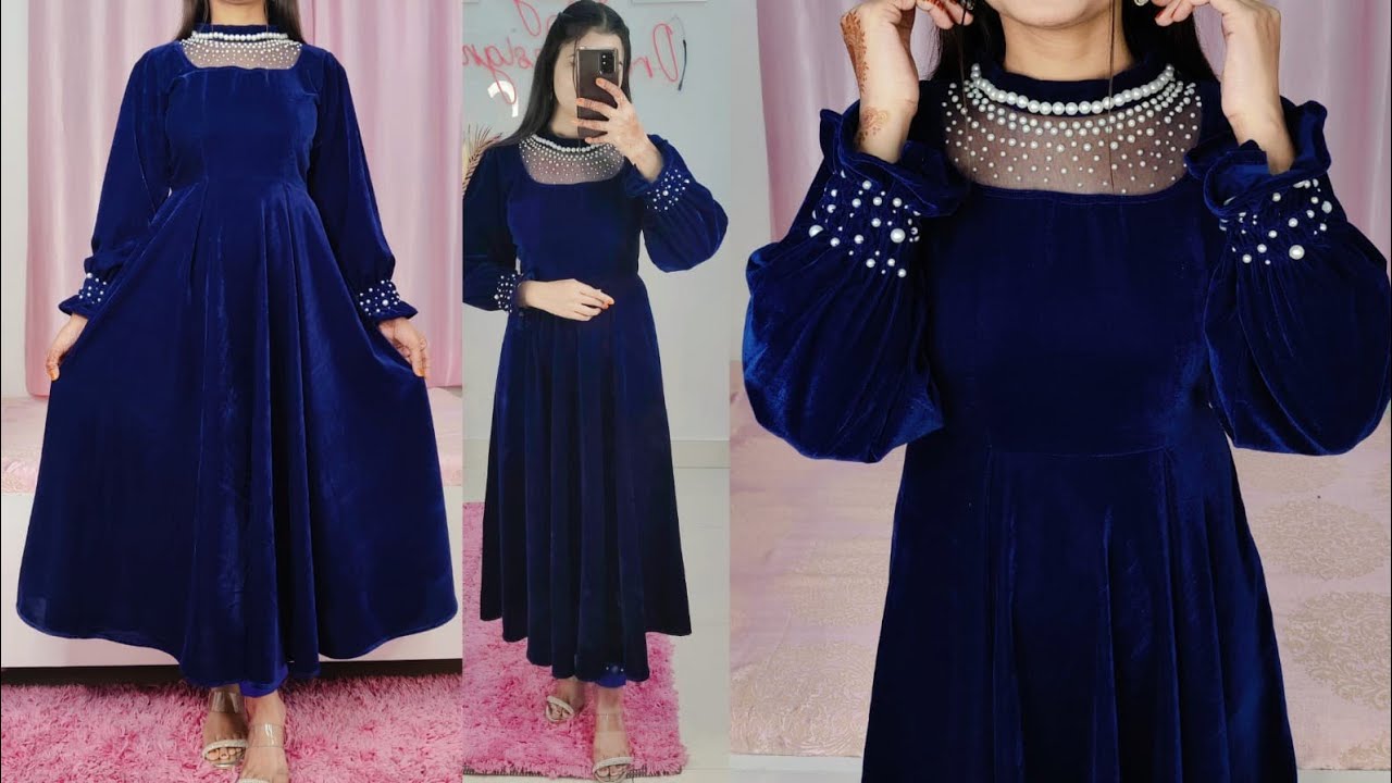 Pearl neck velvet frock cutting & stitching/collar neck cutting ...