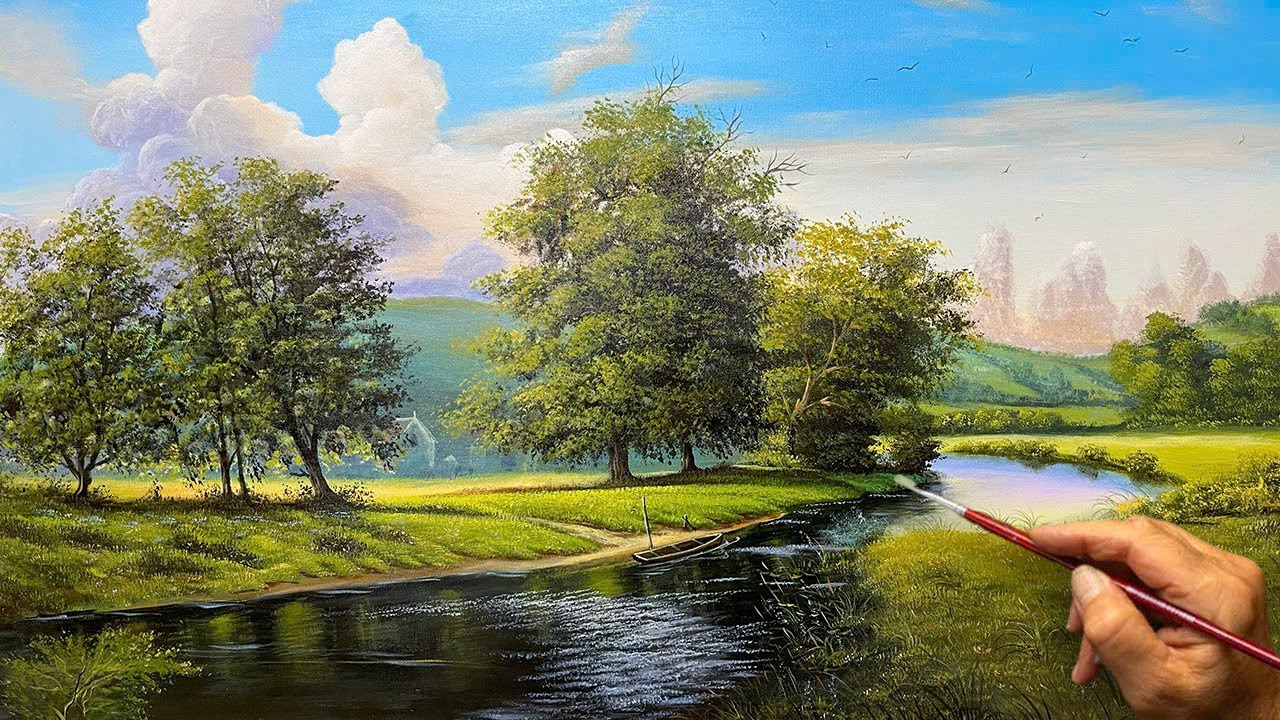 Beautiful riverside view with trees and boat / Acrylic painting for ...