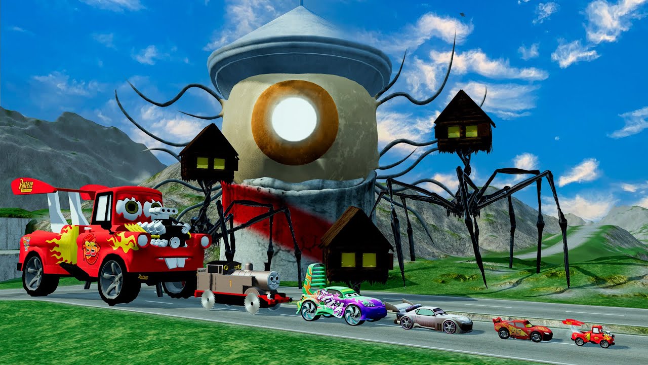 Cars Big & Small Cars vs Broken Bridge with LIGHTHOUSE & HOUSE HEAD ...