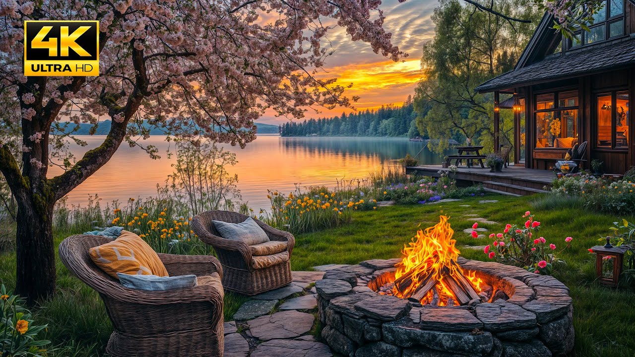 Cozy Spring Ambience at the Lake with Cozy Cabin and Crackle Bonfire ...