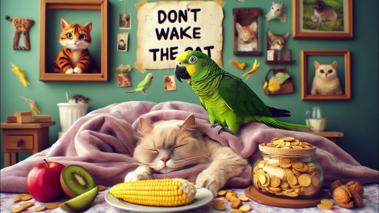 Don't Wake the Cat but Parrot's Mischief won't stop - YouTube