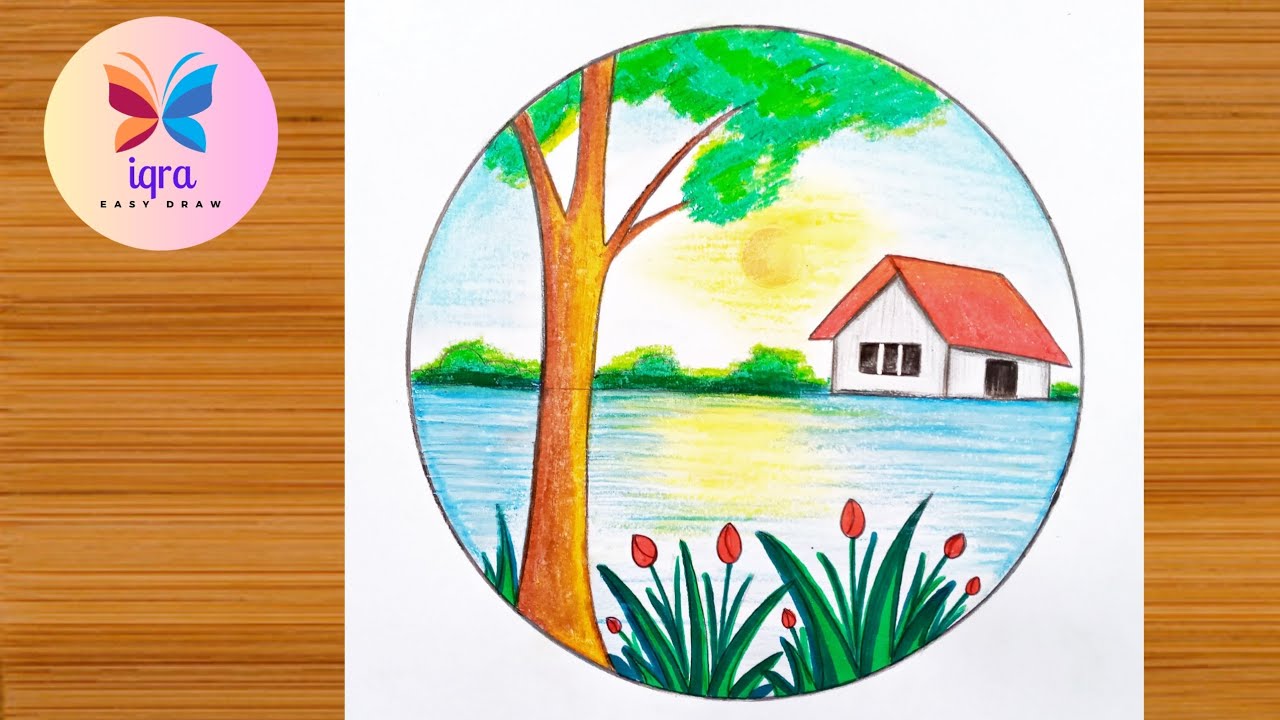 Beautiful Scenery Drawing inside circle || Easy landscape drawing for ...