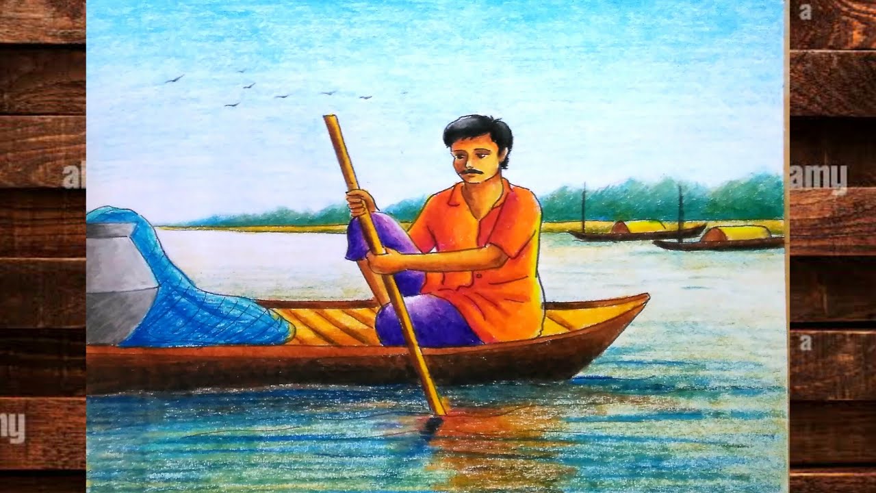 Boatman scenery drawing easy step by step/Boatman drawing easy for ...