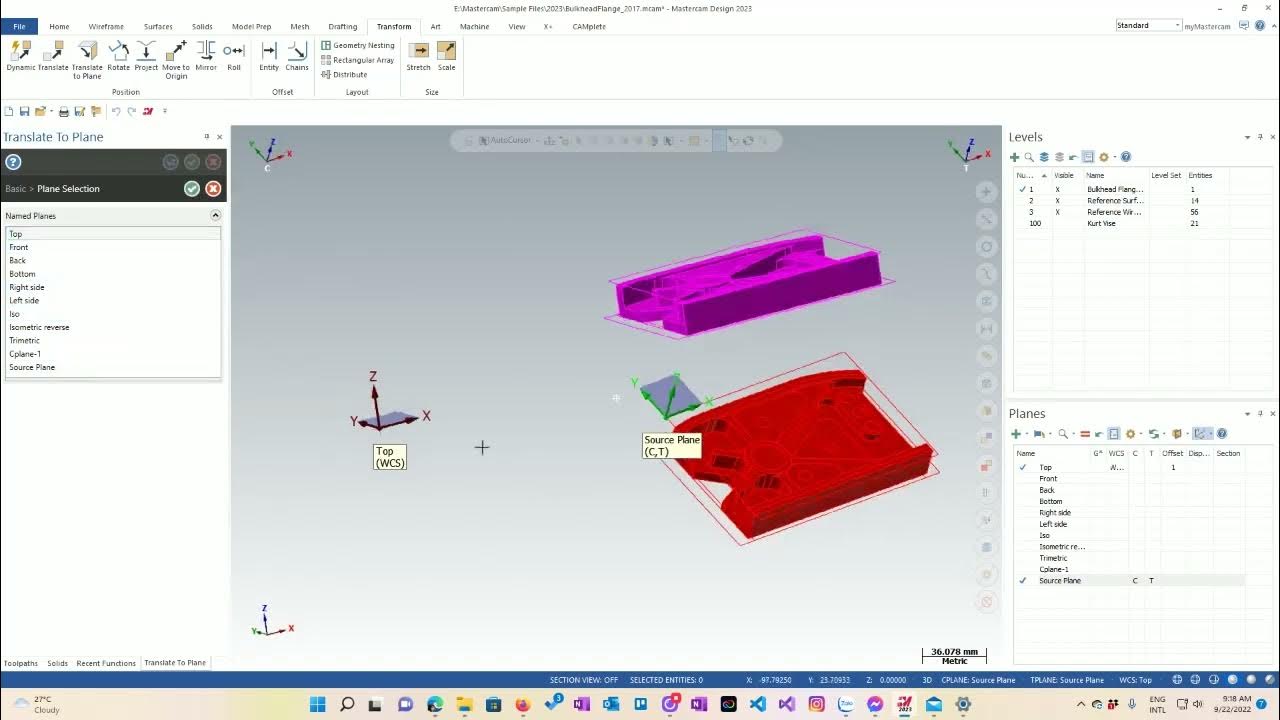 Mastercam Tutorials - Transform Translate To Plane - YouTube