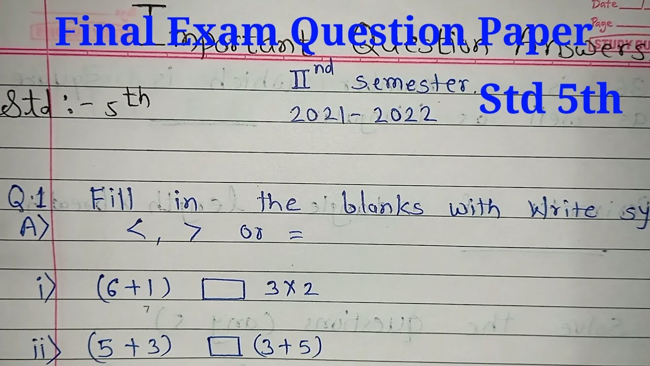 Final Exam Question Paper | class 5th | State board | 2021-2022 - YouTube