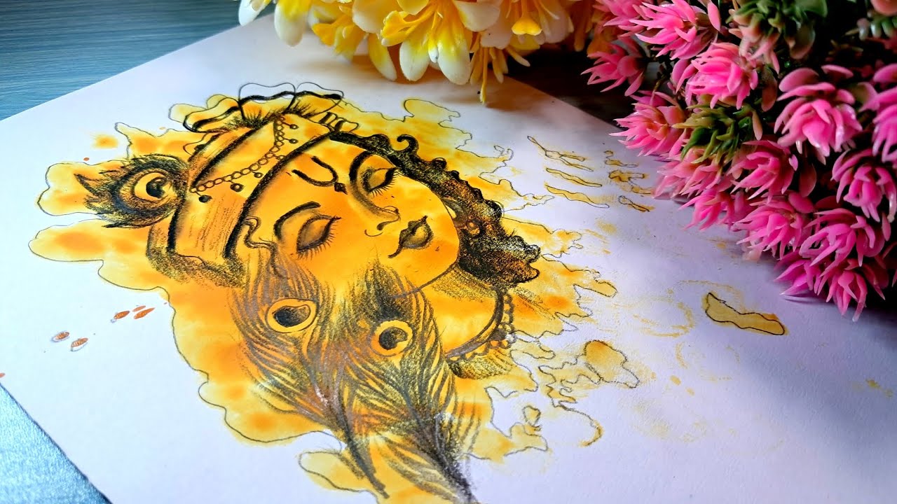 Shri Krishna Drawing 💛 || How to draw Krishna with peacock feather 🪶🦚 ...