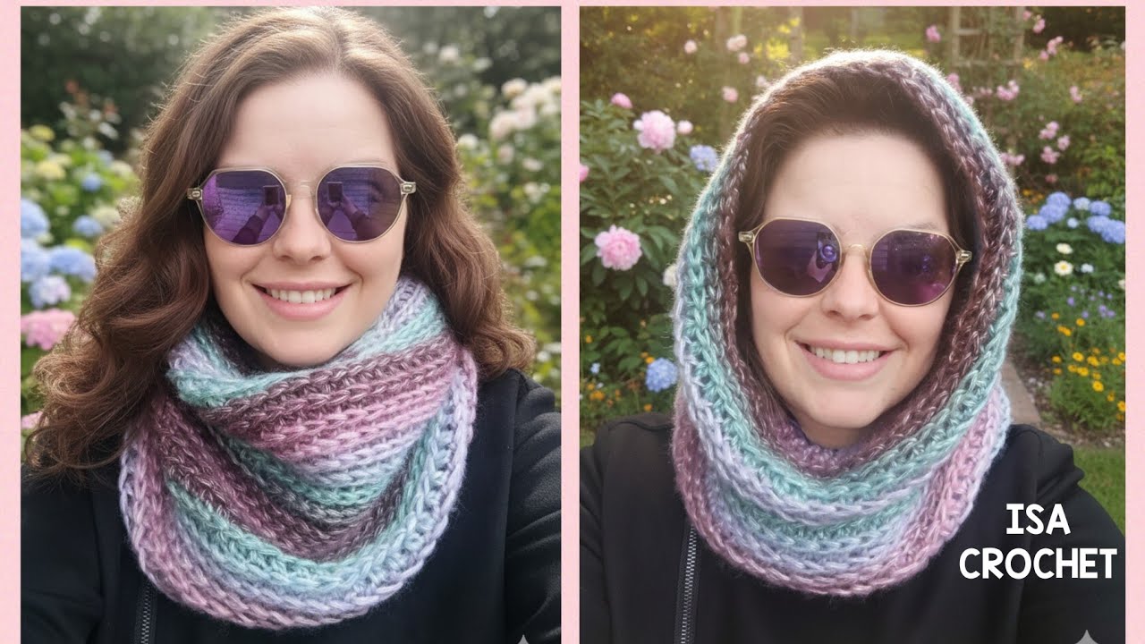 Snood/Cagoule/col "LOU" en circulaire au crochet fil Furry Shimmer cake ...