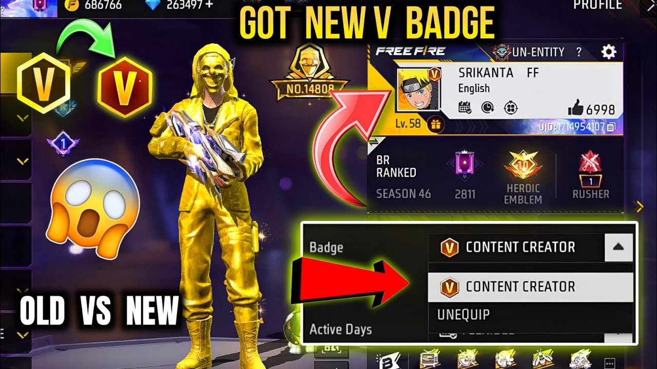 Got New V Badge | How To Equip V Badge? - Free Fire V Badge | Old VS ...