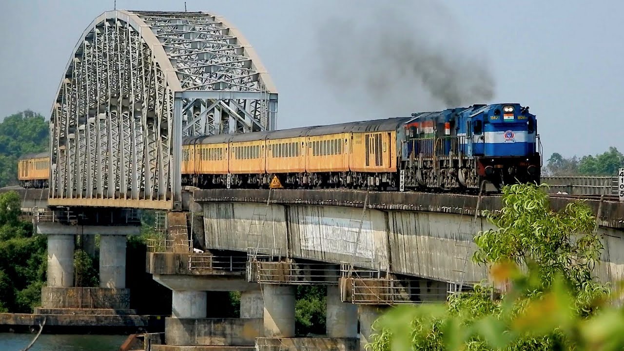 Konkan Railway Pure Diesel Heaven TRAINS in ACTION @ MANDOVI River ...