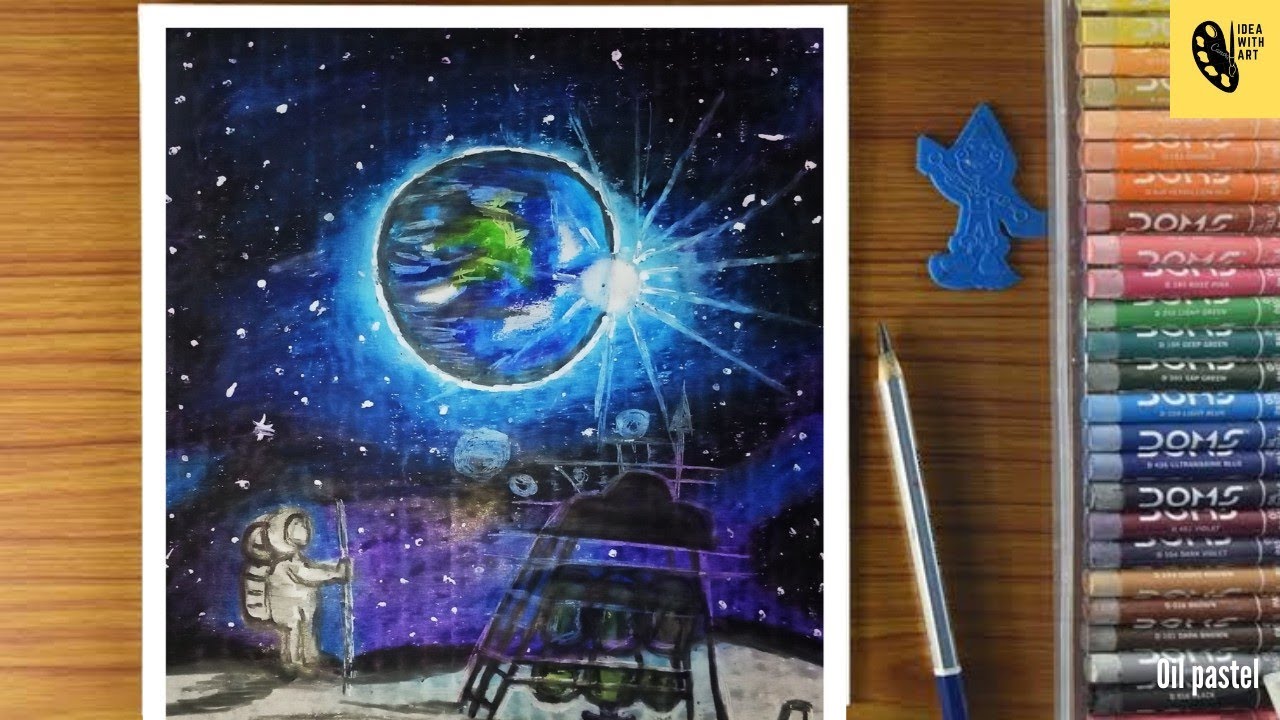 Astronaut on moon drawing / oil pastel drawing easy - step by step ...